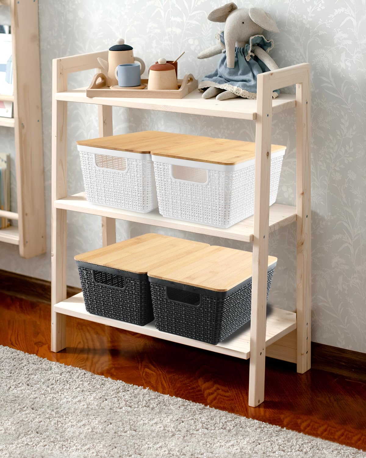 Storage Bins with Lids 6 Packs, Plastic Storage Baskets with Bamboo Lids-Stackable Storage Containers for Shelves Drawers Desktop Closet Pantry Playroom Classroom Office, Black