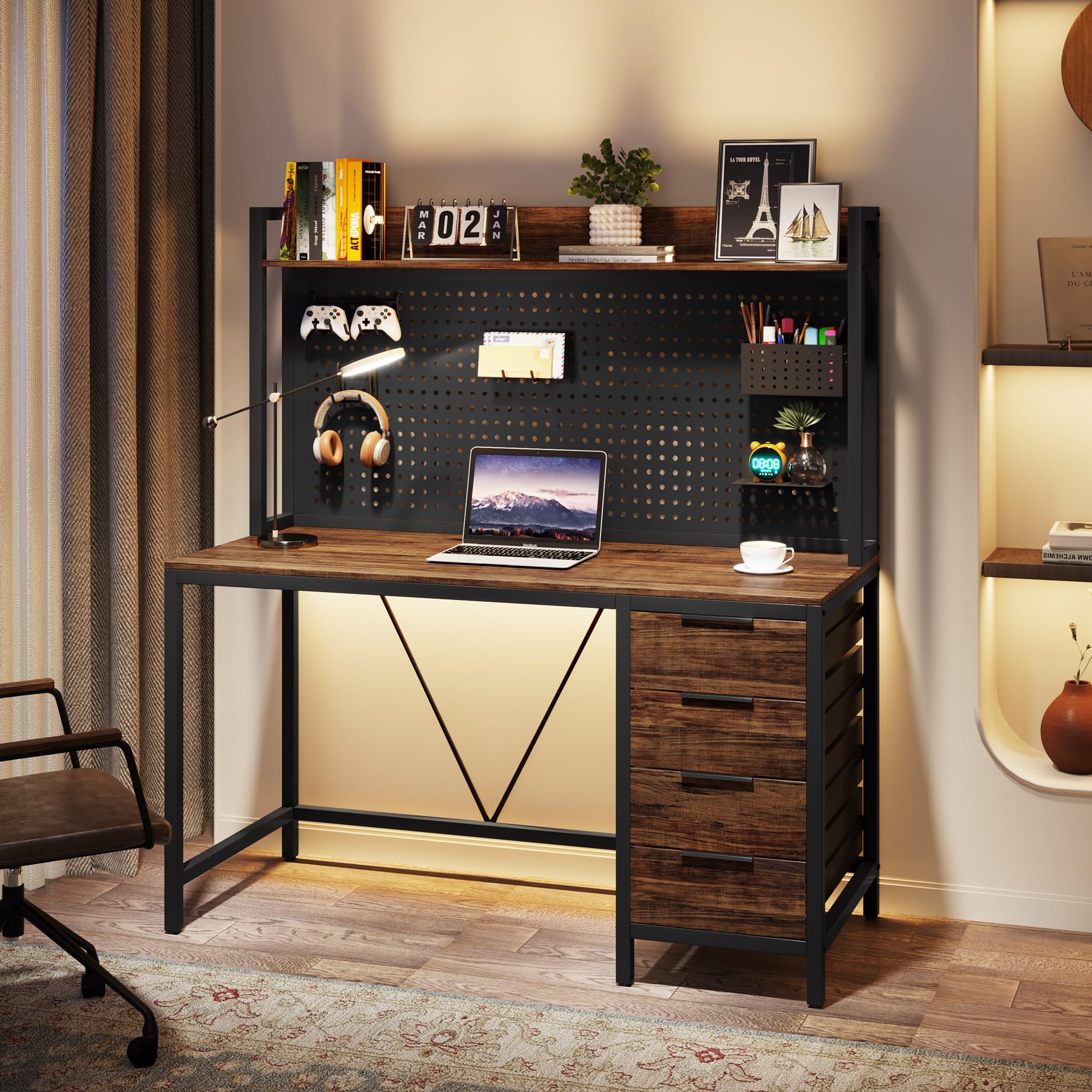 Tribesigns Computer Desk with 4 Drawers, 47 Inches Home Office Desk with Hutch and Storage, Industrial Gaming Desk PC Desk with Pegboard Study Writing Table Workstation for Home Office, Brown & Black
