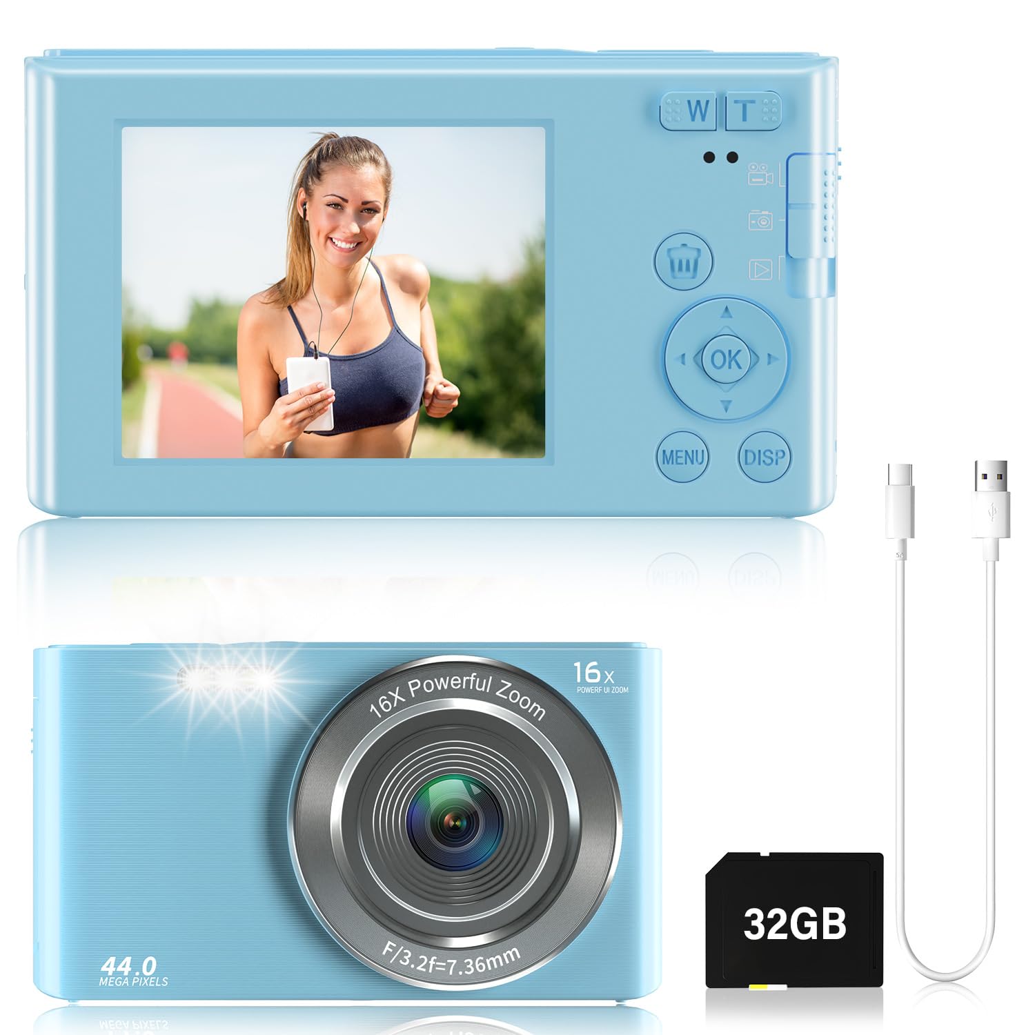 Digital Camera with 32GB Card Point and Shoot Camera 44MP 1080P HD Video Compact Portable 16X Zoom Waterproof Digital Camera for Kids