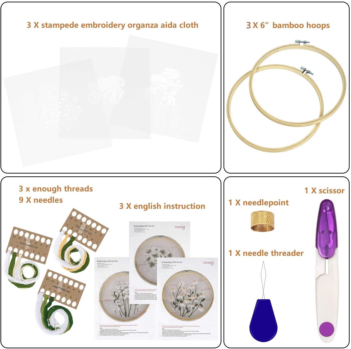 Embroidery Starter Kit with Pattern Set of 3, Cross Stitch Set for Adults, Stamped Embroidery Kits for Beginners, Including 3 Embroidery Hoop