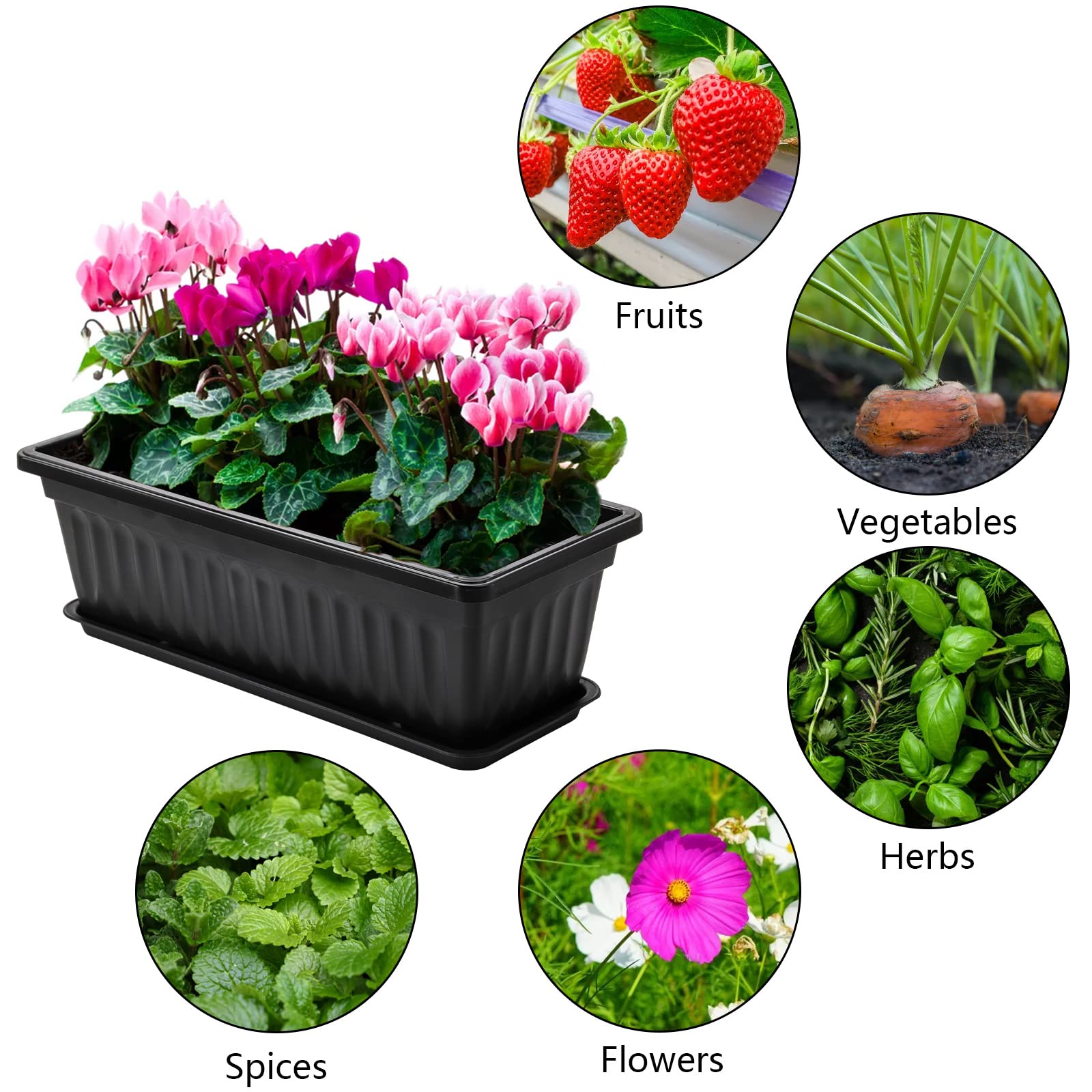 Fasmov 7 Pack 17 Inches Flower Window Box Plastic Vegetable Planters with Trays Vegetables Growing Container Garden Flower Plant Pot with 7 Pcs Plant Labels for Balcony, Patio, Garden, Black