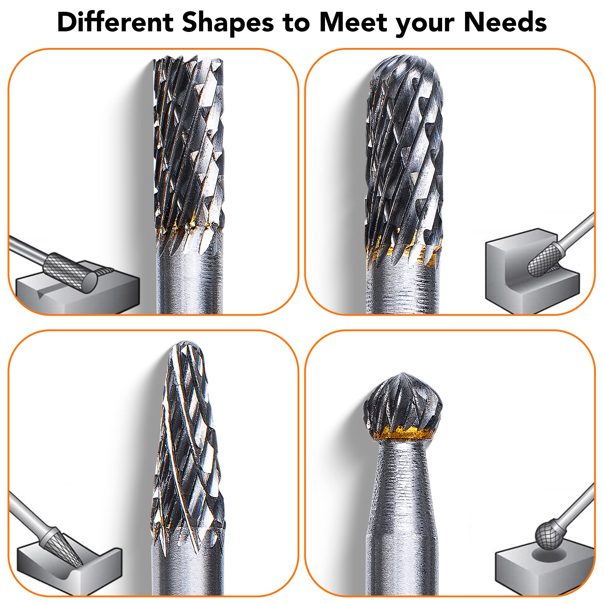 Double Cut Carbide Burr Set ¼” Shank 8 PCS - Tungsten Carbide Die Grinder Bits – Rotary Rasp - Versatile Rotary Tool Bits for Metal Weld Grinding Milling Deburring Polishing Woodworking and Carving