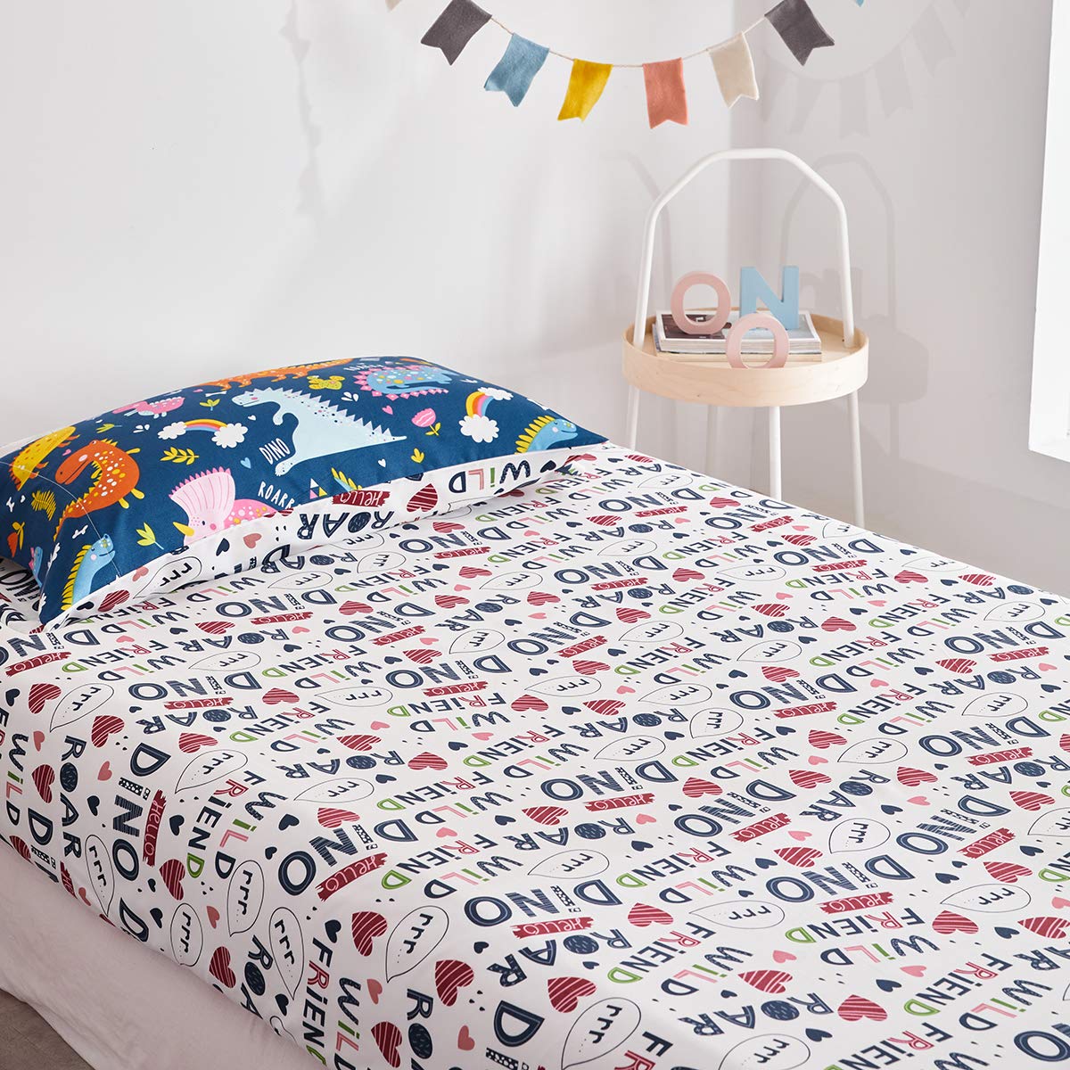 Dinosaur Twin Sheet Set for Kids Boys Teens Cute 3 Pieces Navy Microfiber Bedding Set with Pink Blue Orange Gray Dinosaurs Colorful Monster Style