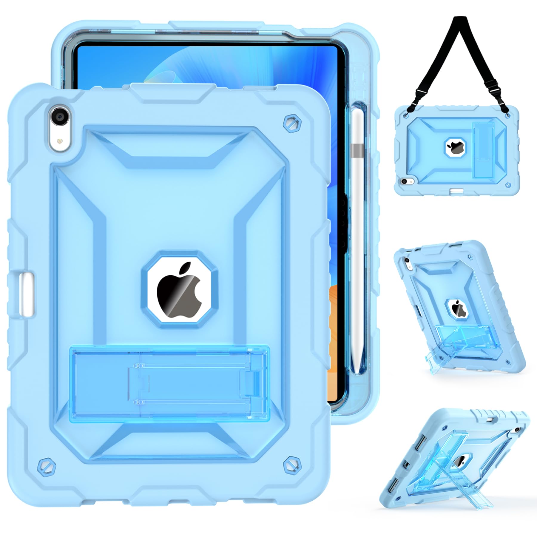 TIMISM Case for iPad 10th Generation Case 10.9 Inch 2022 with Shoulder Strap, Translucent PC Back Sturdy Heavy Duty Full-Body Shockproof Protective Case with Pencil Holder and Kickstand, Black+Green
