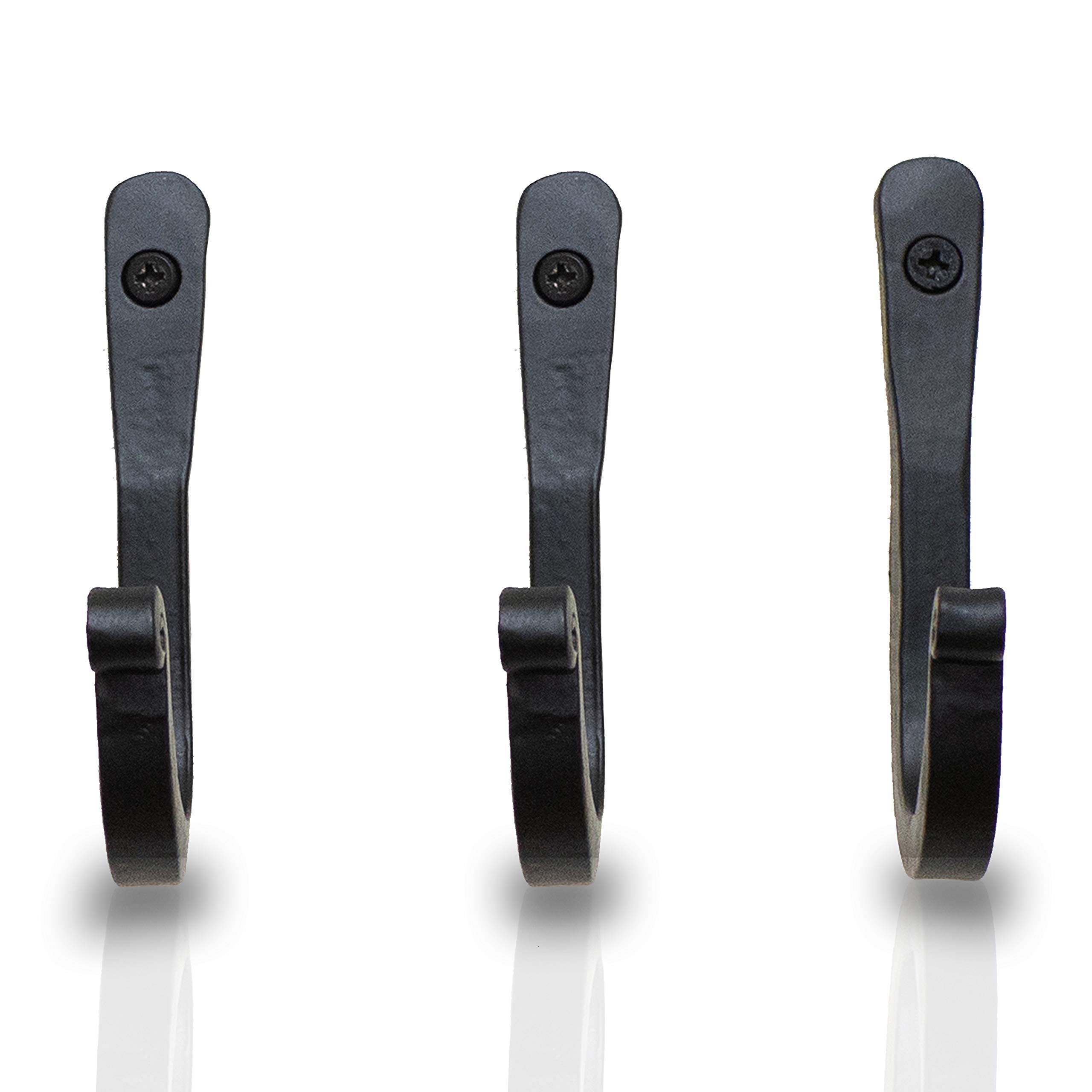 Stur-De Decorative Hooks for Wall - Wrought Iron Hooks for Hanging Coats, Hats, Bags, Towel Hooks for Kitchen or Bathrooms - Heavy Duty Black Hooks - 3.75 x 0.5 x 2 Inch (Black, 3 Hooks)