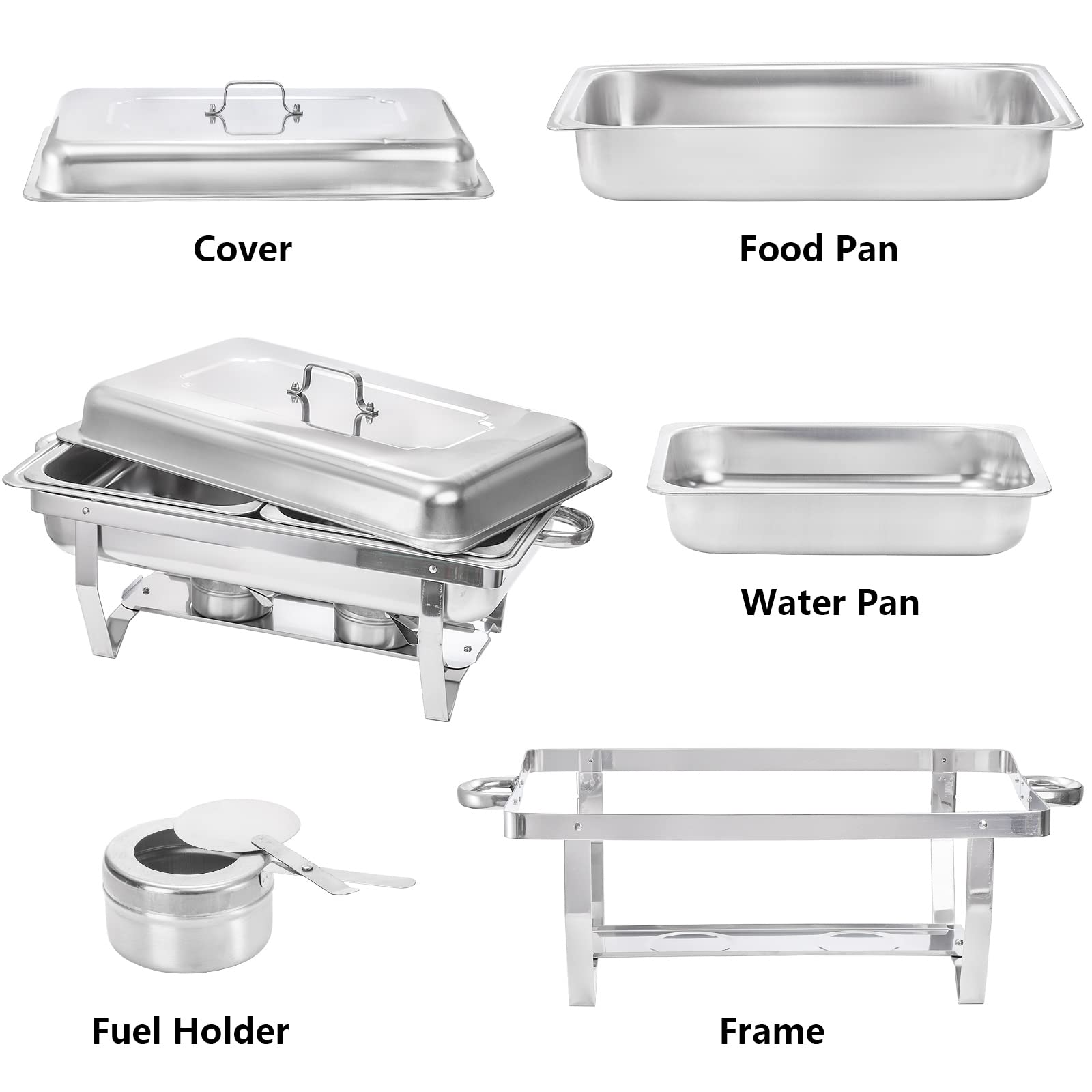Fasmov Chafing Dish Buffet Set, 8 Quart Stainless Steel Catering Serve Chafer, Restaurant Food Warmer, Rectangular Buffet Stove with 2 Half Size Food Pans and Folding Frame