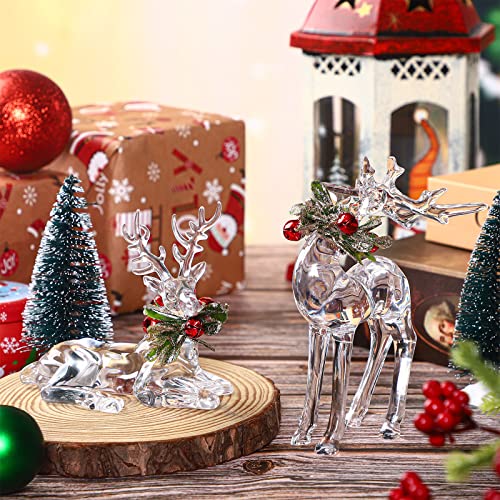 Queekay 2 Pcs Acrylic Christmas Reindeer Ornaments Clear Deer Figurine and Reindeer Table Top Decorations Holiday Table Centerpiece(Pretty Style)
