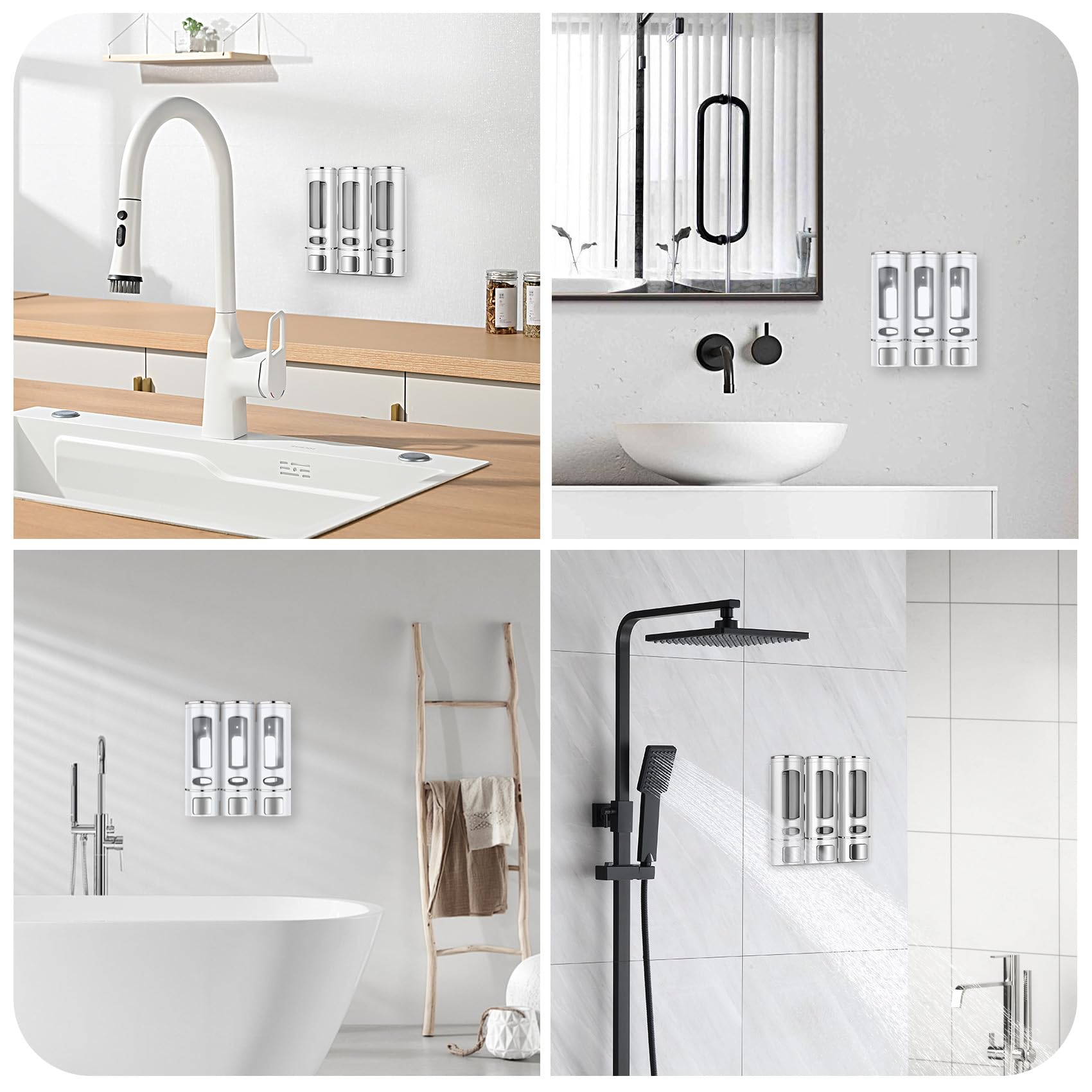 Nellyke Shampoo Dispensers for Shower Wall Mounted Soap Dispenser 3 Chambers Conditioner Body Wash Dispenser Set Clear with Glue(or Wall Mounted by Screws),3 Chambers,White