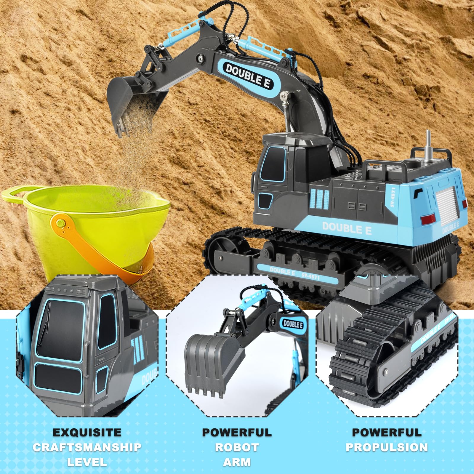 DOUBLE E Remote Control Excavator Toy RC Excavators Rechargeable Battery Digger Hydraulic Construction Toys Vehicles Xmas Gift for Boys Girls Kids 3-14 Years,Gray-Blue
