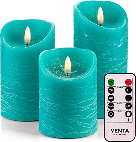 Set of 3 Realistic Flameless Turquoise LED Candles with Remote Control - 4'' 5'' 6'' Electric Wickless Pillar Battery Operated Candles with Flickering Flame Timer