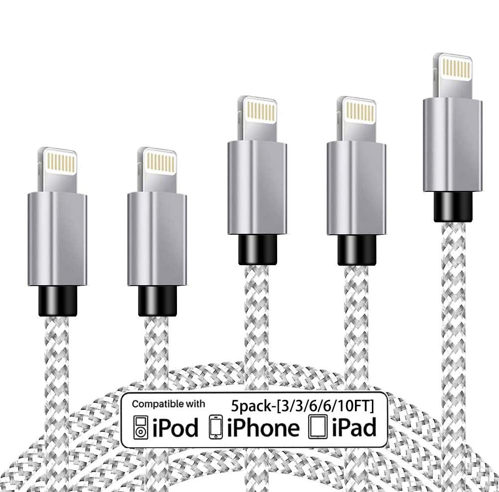 GeydrQ MFi Certified 5Pack 3 3 6 6 10 FT iPhone Charger Lightning Cable Nylon Braided USB Fast Charging High Speed Data Sync Compatible iPhone 14 13 12 11 Pro Max XS MAX XR XS X 8 7 Plus iPad AirPods