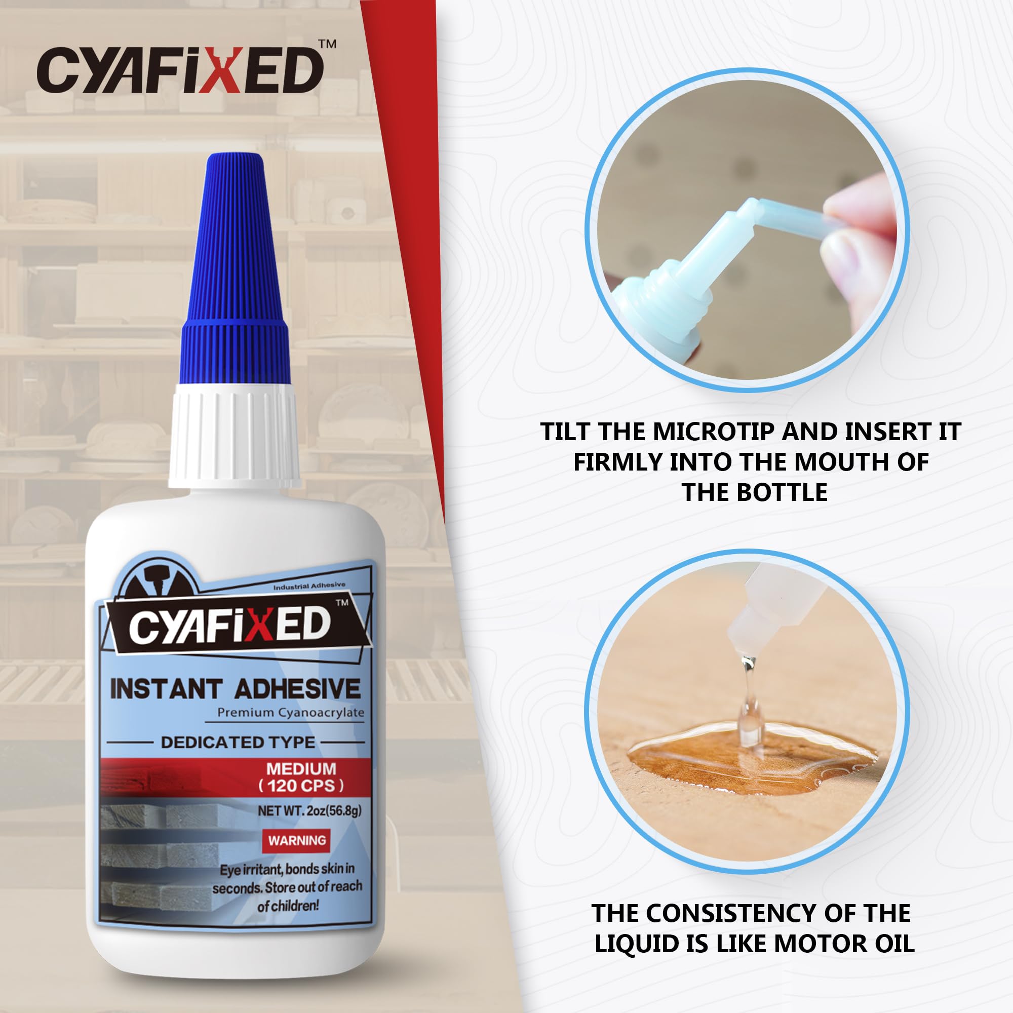 CYAFIXED Professional Grade Cyanoacrylate Super Glue, Medium Viscosity CA Glue for Woodworking, 2 oz. (56.8 Grams) - Instant Adhesive for Woodturning, Pen Turning, Hobby Models & Most Wood Bonding