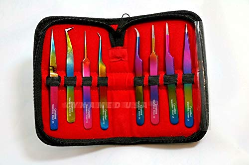 Cynamed-Set of 8 Piece German Stainless Steel Titanium Color Eyelash ExtensionTweezers