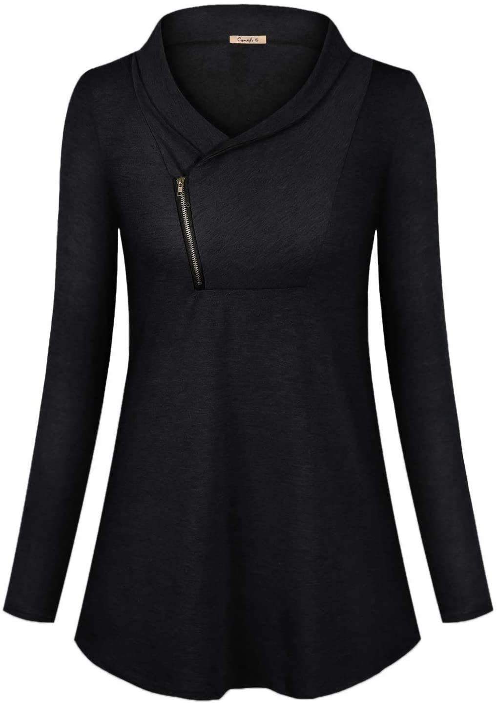Cyanstyle 2019 Winter Women’s Long Sleeve Pullover Zipper Cowl Neck Tops Solid Sporty Sweatshirts Black Large