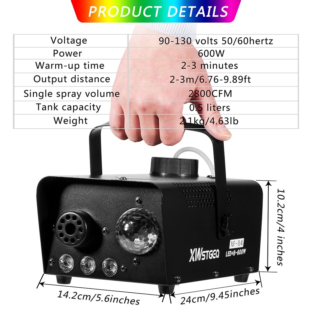 Fog Machine Smoke Machine for Halloween Parties Wedding,600 Watt Portable Fogger Machines with LED Lights and Disco Ball
