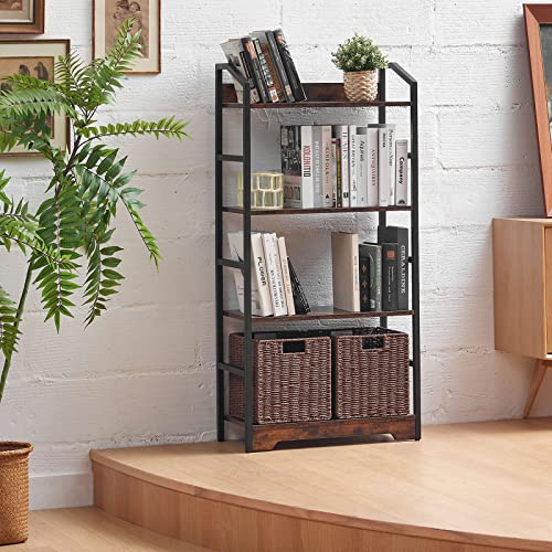 Vagusicc 4 Tier Bookshelf with 2 Storage Baskets, Tall Bookcase Shelf Storage Organizer Wood Book Shelf, Modern Shelf Rack Shelves with Steel Frame, Multipurpose Bookshelf for Bedroom Living Room