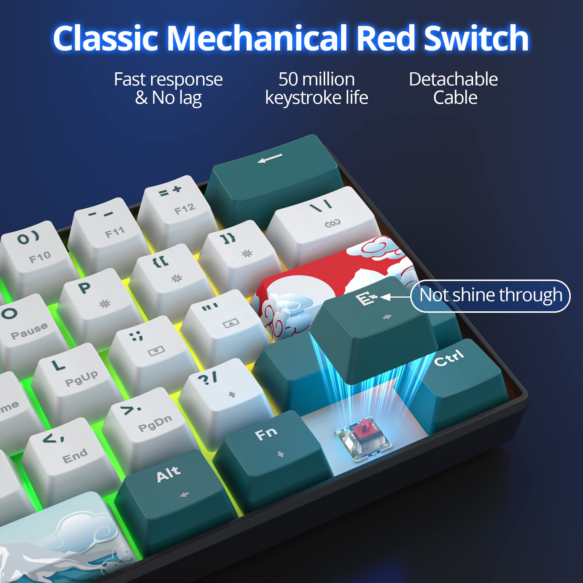 Fogruaden Wireless Mechanical Gaming Keyboard, 61-Keys Compact Keyboard with Backlit PBT Keycaps, NKRO for PC/Mac Gamer