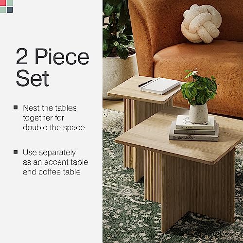 Square Fluted Nesting Coffee Table - 2 Piece Square Coffee Table Set - Living Room Furniture - Modern Home Decor - Solid Oak Base (Natural Oak)