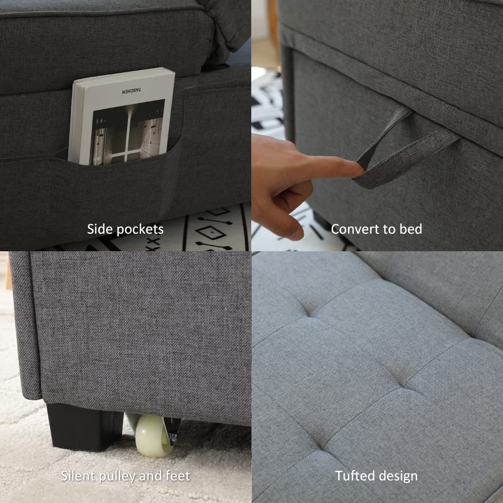 Cynefin Futon Chair with Lumbar Pillow and 3 Side Pockets, Convertible Chair Sleeper Bed, sofa chair, 4 in 1 Ottoman Bed Tufted Fabric Gray (blue, M)
