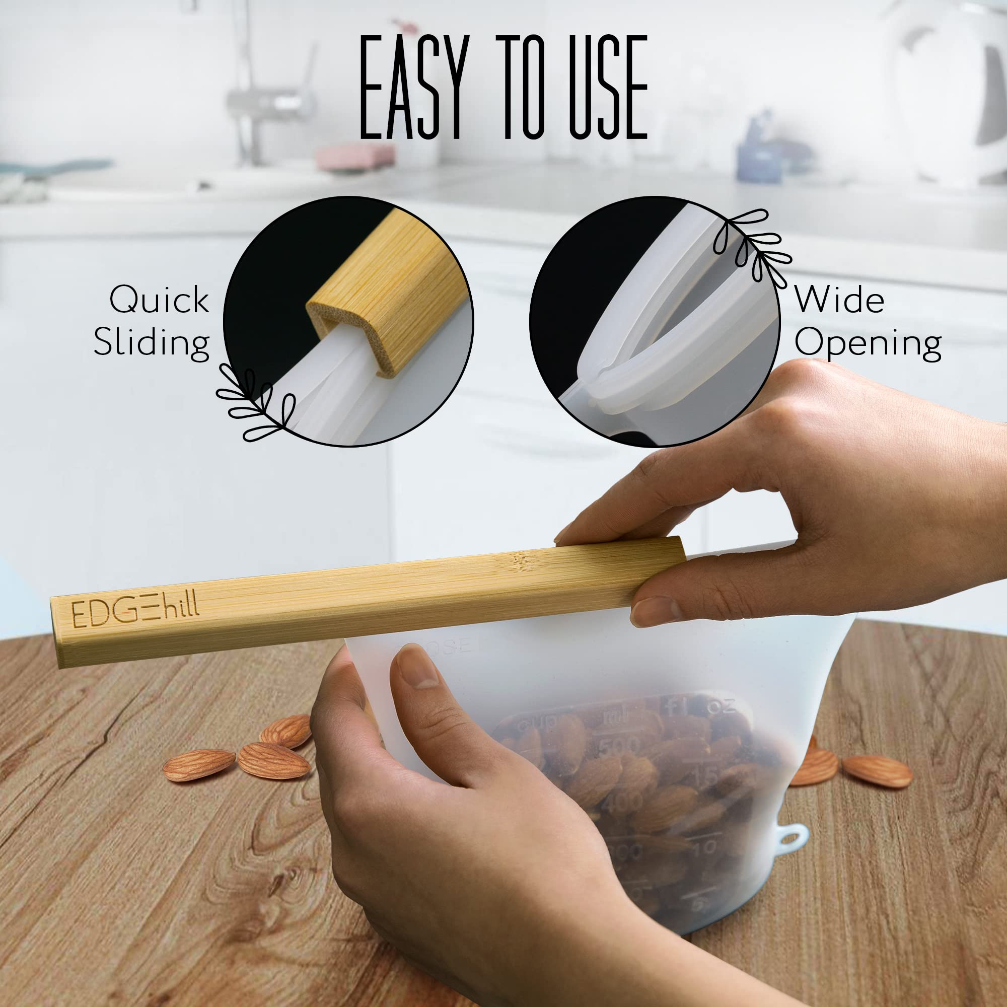 Edgehill Endlessly Reusable Silicone Ziplock Storage Bags with Eco-friendly Wooden Slider Bar, 3 Pack Assorted Freezer Bags, BPA- Free Leakproof Silicon Material, Dishwasher & Microwave Safe, Versatile & User-friendly