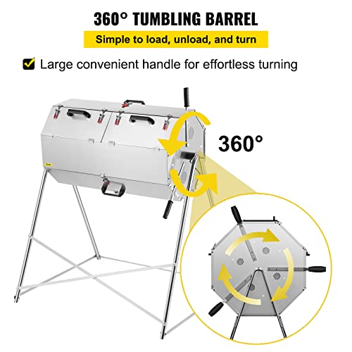 VEVOR Compost Tumbler, 71 US Gallons, Rustproof Stainless Steel Dual-Chamber Garden Composter, Heavy-Duty, All-Season Outdoor Compost Bin, Fast-Working System for Composting Kitchen & Yard Waste