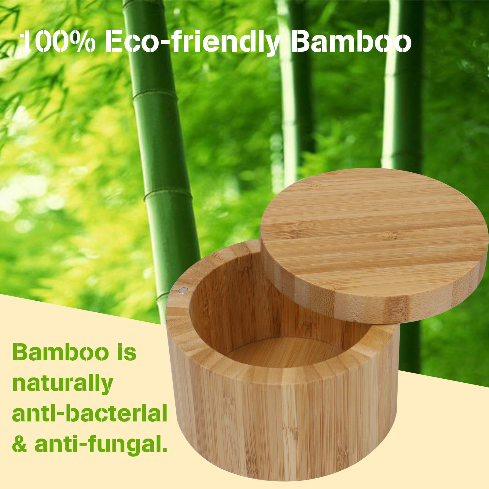 HTB Bamboo Salt Box With Magnetic Swivel Lid, 8.5oz Round Spice Container, Secure Durable Storage & Organization for Seasonings, Herbs