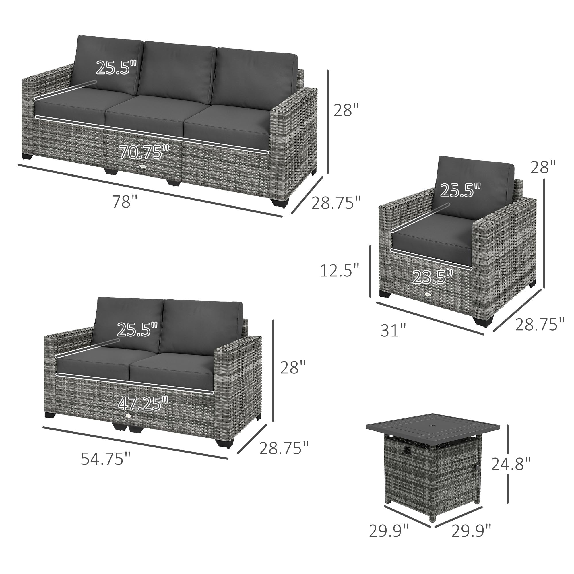 Outsunny 5 Piece Patio Furniture Set with Cushions, Outdoor PE Rattan Wicker Conversation Sofa Set with 30" Fire Pit Coffee Table, Dark Gray