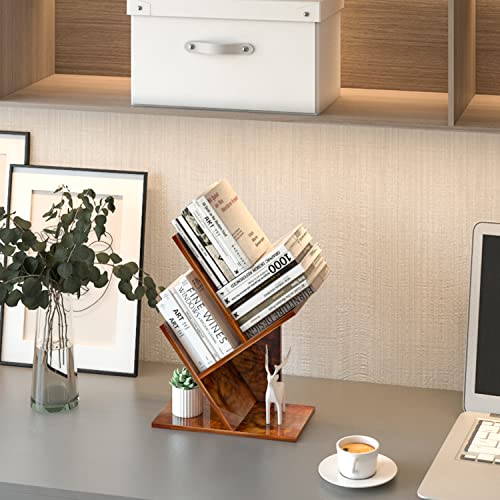 R RUISHENG Wood Tree Bookshelf, 3 Shelves Display Bookcase for Books/Magazines/CDs, Desk Standing Book Shelves Organizer for Office, Bedroom, Living Room