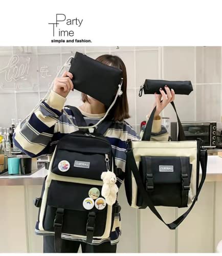 Teslawi kawaii backpack 4Pcs Set Aesthetic backpack 17in backpack,with Kawaii Pendants,Crossbody Bag ,Pencil Case, Handbag (Black)
