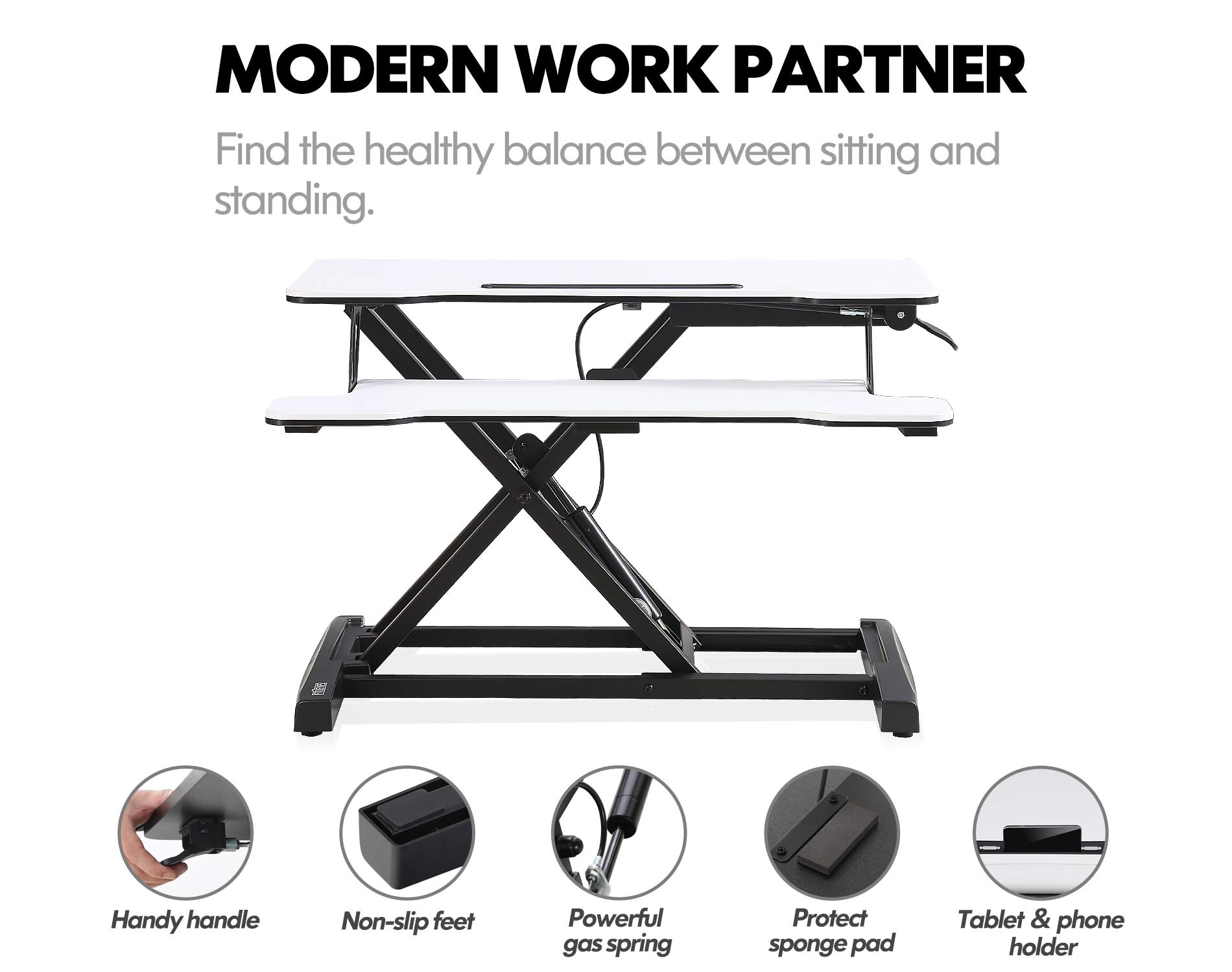 FITUEYES Stand Up Desk Standing Desk Converter Riser Adjustable Office Desk for Laptop with Deep Removable Keyboard Tray White SD260003WW
