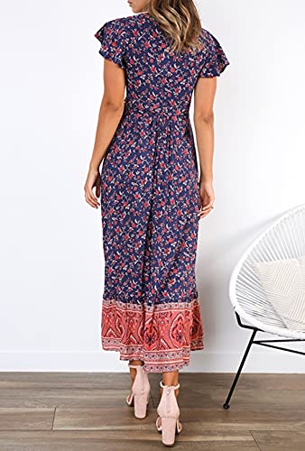R.Vivimos Women's Summer Short Sleeve Floral Print Bohemian Beach Waist Tie Wrap Long Flowy Dress with Slit (XL, Dark Blue#2)