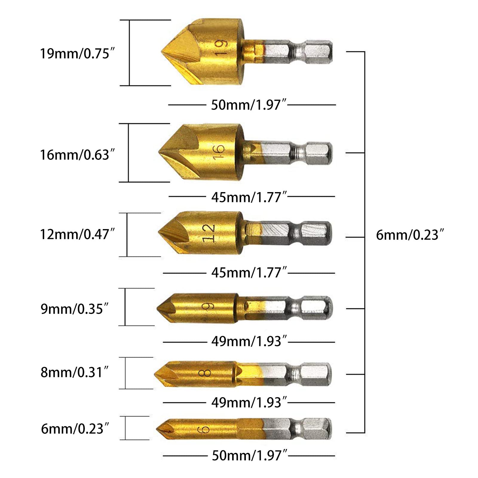 HTWORGRE Countersink Drill Bit, Baban Countersink Drill Bit Set 6 Pcs 1/4'' Hex Shank HSS 5 Flute Countersink 90 Degree Center Punch Tool Sets for Wood Quick Change Bit 6mm-19mm