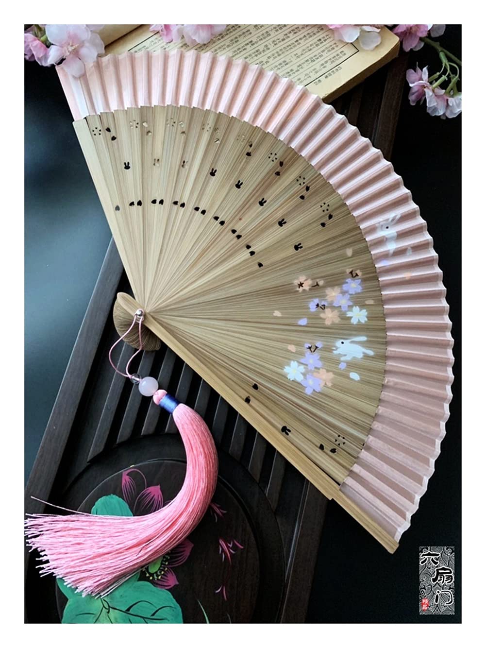 Folding Fan Chinese Style Ancient Style Bamboo Handle Folding Fan Juan Cloth Female Fan Cherry Blossom Portable Jump Dance Fan Fan (B 21Cm)