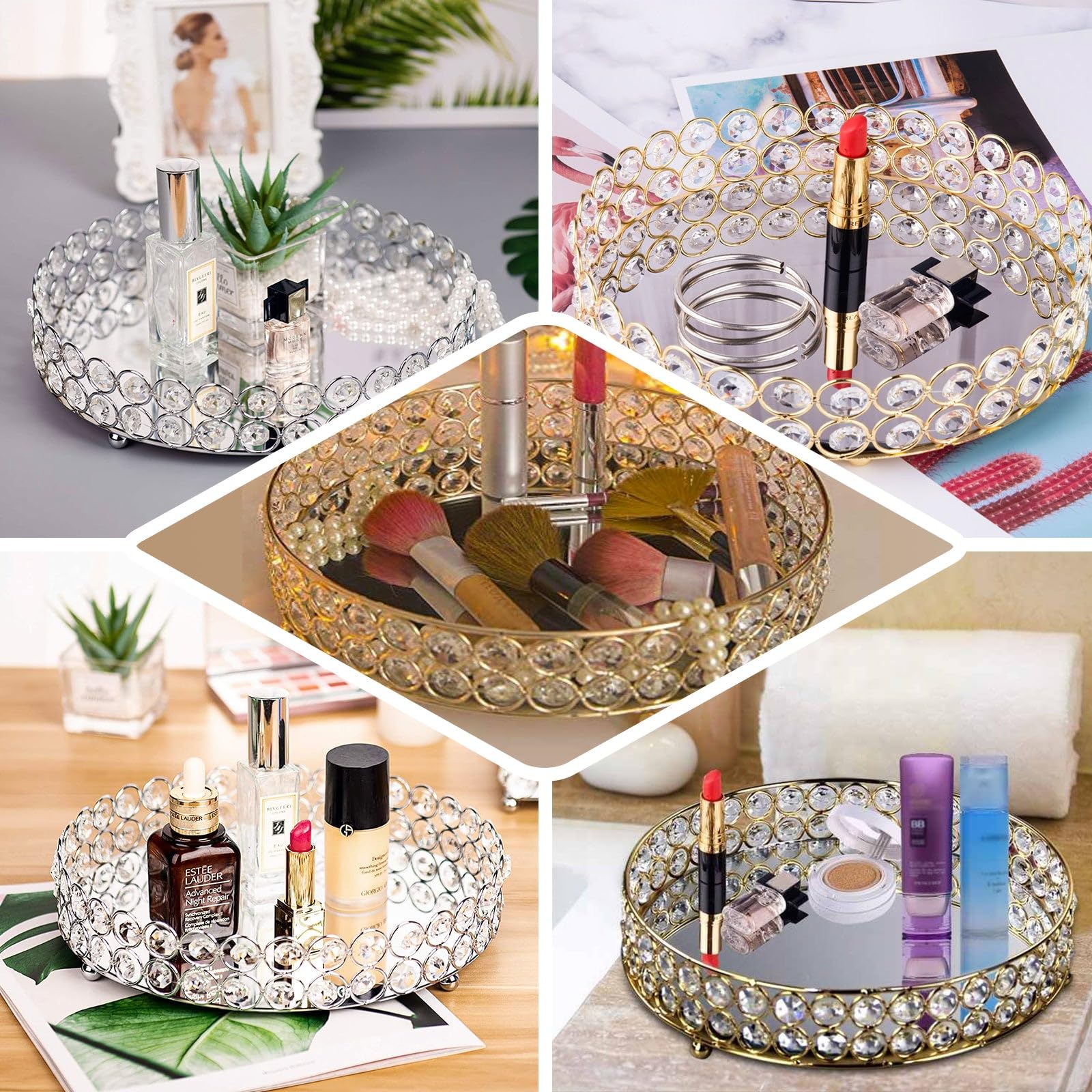 Efavormart 16" x 12" Gold Metal Crystal Beaded Decorative Serving Tray Oval Mirror Tray for Wedding Birthday Party