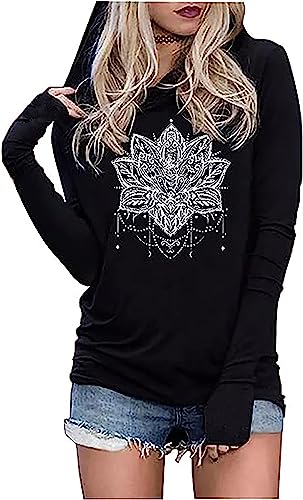 LYEIAO Mandala Graphic Fashion Hoodie Shirts for Women Lotus Flower Long Sleeve Hoodie Gothic Novelty Graphic Pullover Tops(Black,XL)