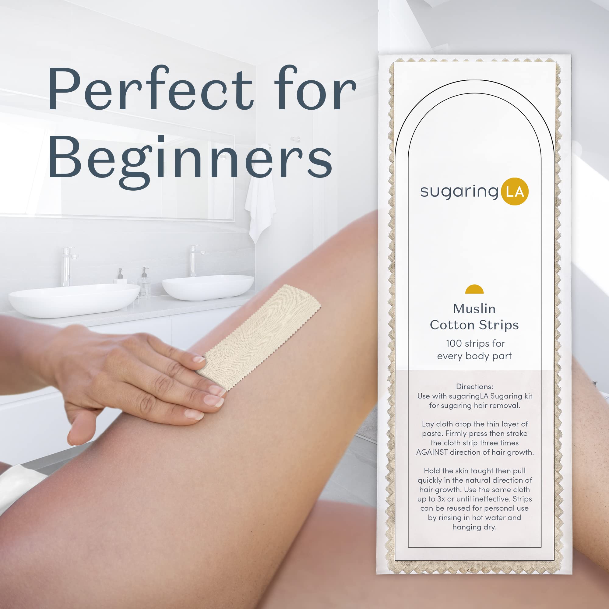 sugaringLA Muslin Cotton Sugaring Strips - Pre-cut Cloth Strips for Hair Removal - Body and Facial Hair Remover - Reusable (100 Pieces)