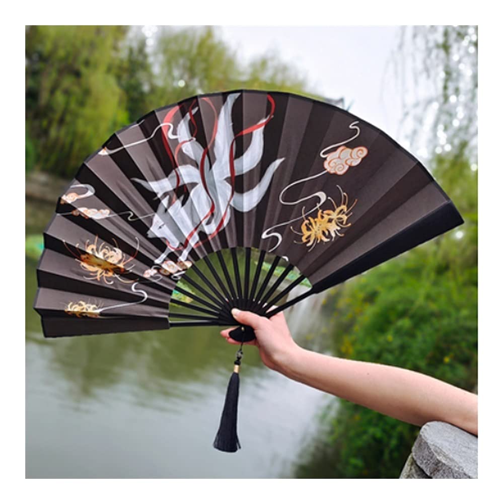 Folding Fan Hand Fan Boy Domineering Folding Fan Chinese Style Ancient Costume Retro Large Portable Hanfu Accessories Antique Fan (Black)