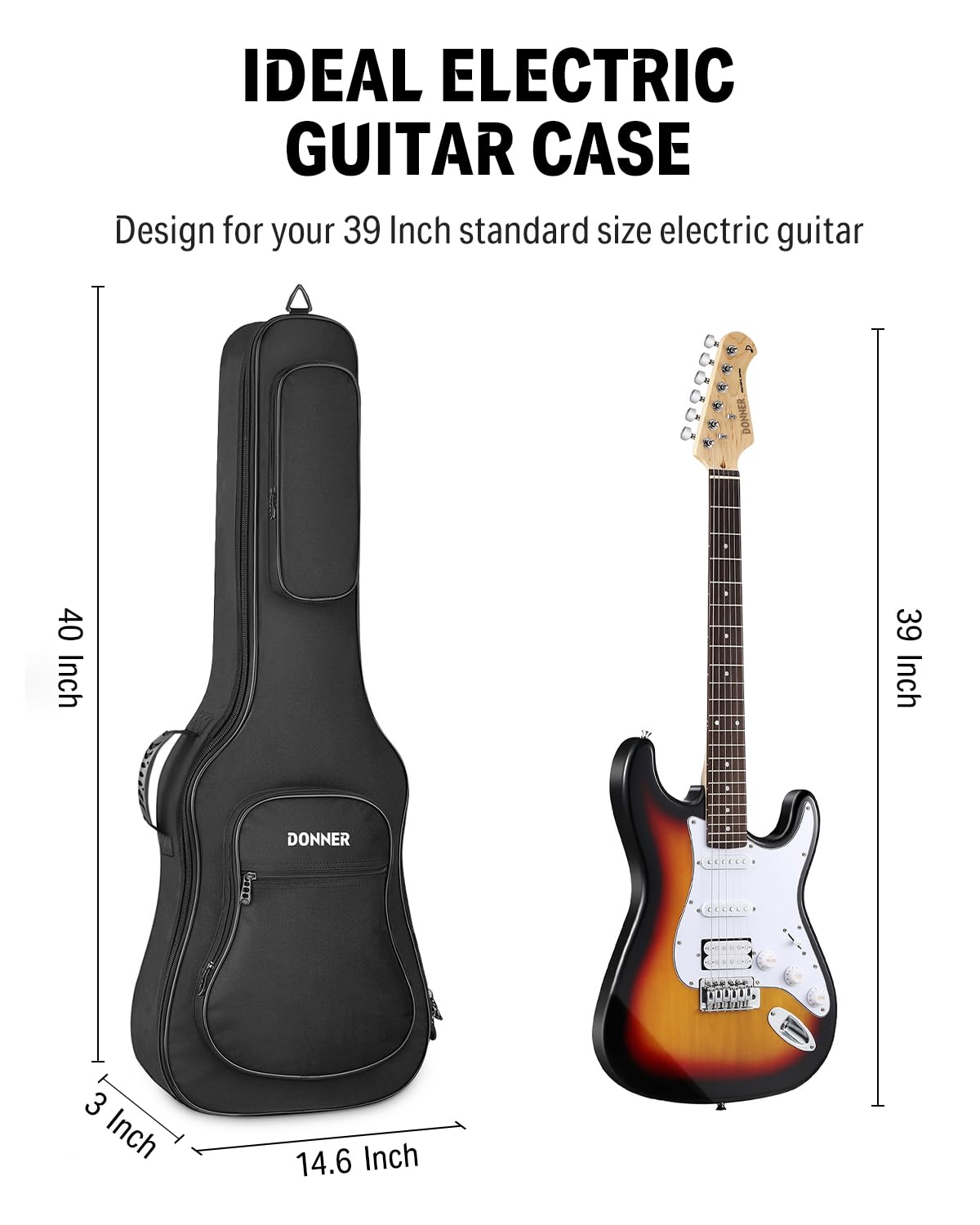 Donner 39 inch Electric Guitar Bag Gig Bag, 0.4 Inch Padded Sponge 600D Ripstop Waterproof Nylon Dustproof Soft Electric Guitar Case Adjustable Strap Black