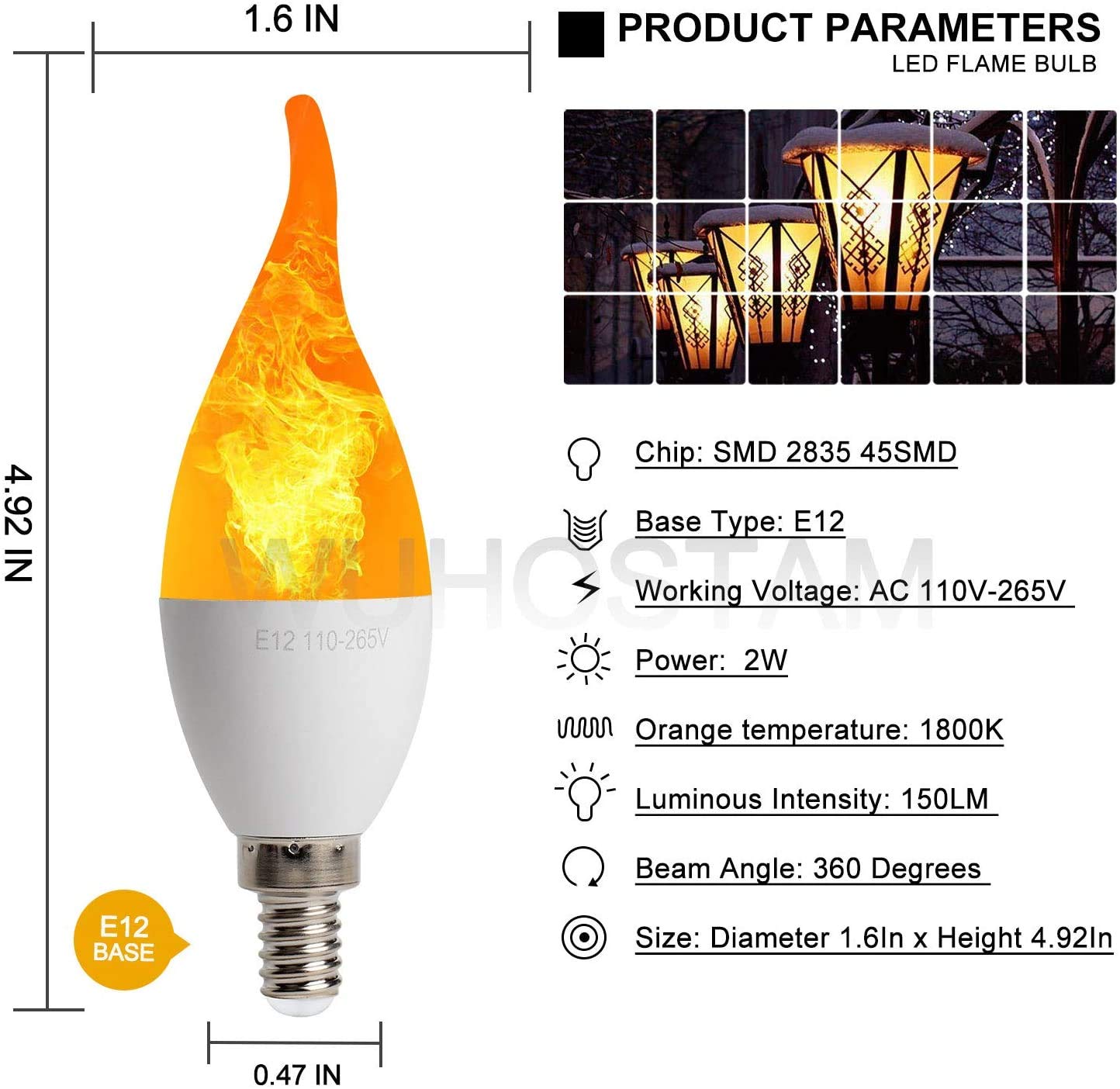 FIVEAGE LED Simulated Fire Flicker Flame Candelabra Bulbs 6 Pack,Warm White 2W 1800K Flickering E12 Flame Effect Light,3 Lighting Modes Emulation, General, Breathing for Indoor and Outdoor Decoration