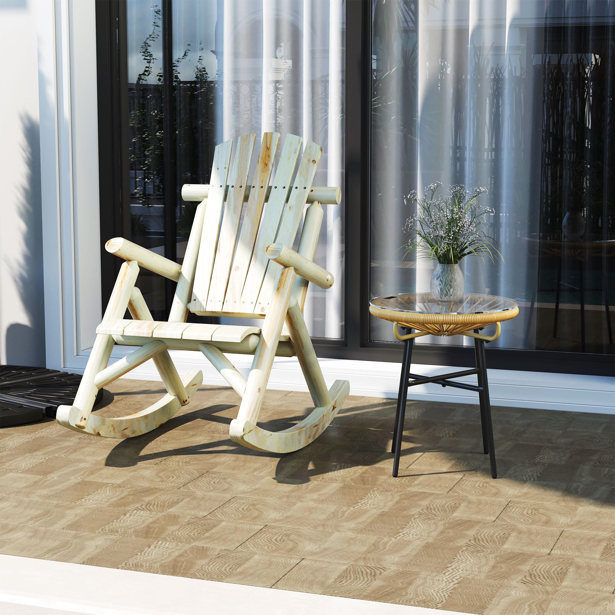 Outsunny Outdoor Wooden Rocking Chair, Single-Person Adirondack Rocking Patio Chair with Rustic High Back, Slatted Seat and Backrest for Indoor, Backyard, Garden, Carbonized