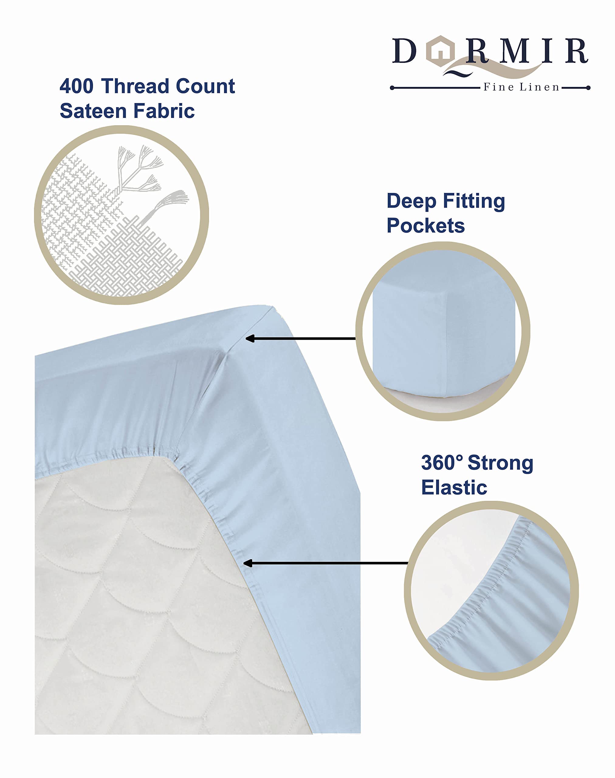 Dormir Light Blue Queen Sheets Set Cotton 400 Thread Count, Sateen Weave Long Staple Cotton 4 Piece Bed Sheet Set, 16 inches Deep Pocket Queen Sheet Set