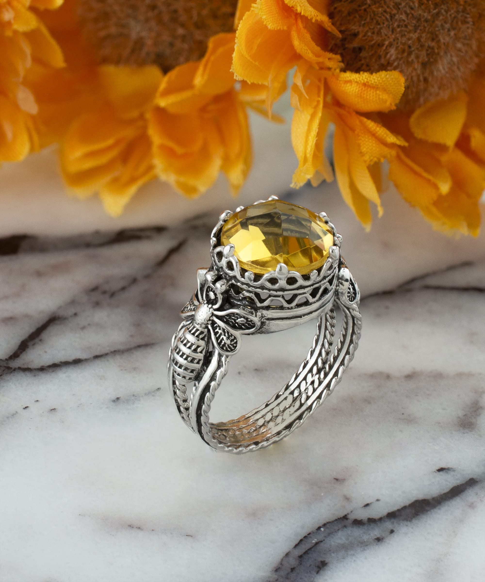 Filigranist 925 Sterling Silver Filigree Art Queen Bee Detailed Gemstone Women Cocktail Ring, Luxurious Gift Boxed (Citrine, 6)