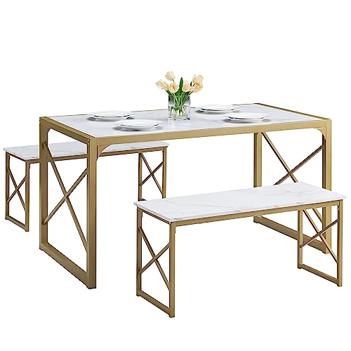 VECELO Kitchen Table with 2 Benches for 6,Wood Dining Room Dinette Sets with Metal Frame for Breakfast Nook and Small Space, 55", White&Gold
