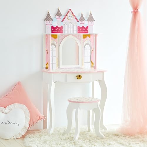 Teamson Kids Dreamland Princess Play Vanity Set with Mirror, Shelf, Storage Drawer, Stool, and Accessories for 12" Dolls, White an Pink