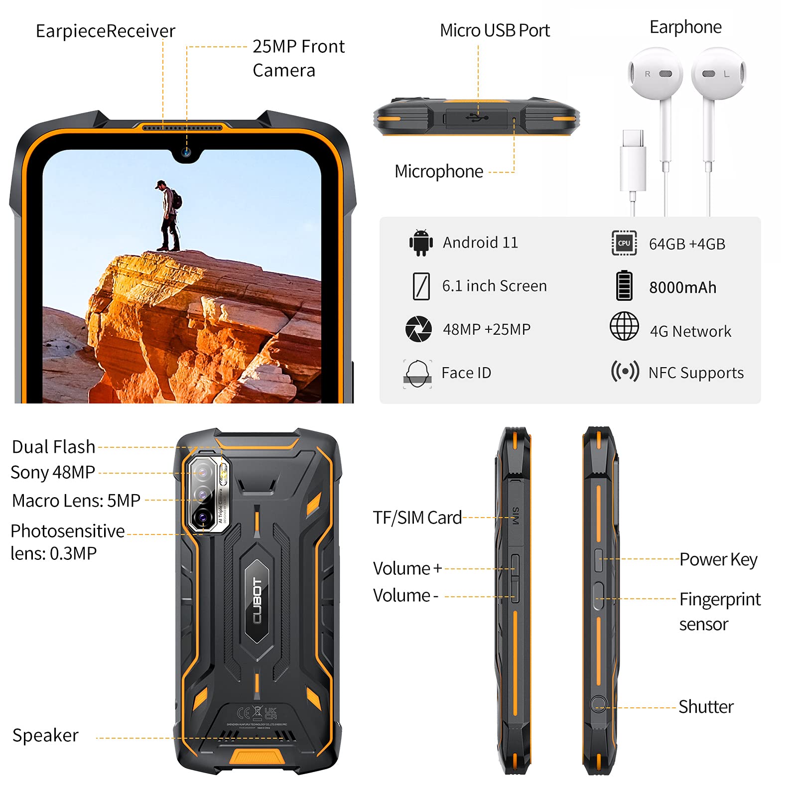 CUBOT Rugged Smartphone Unlocked, King Kong 5 Pro Android 11 Unlocked Rugged Phone, 8000mAh Battery, 48MP Camera Waterproof Cell Phone, 6.1” HD+ Screen, 4G Dual SIM Cell Phone