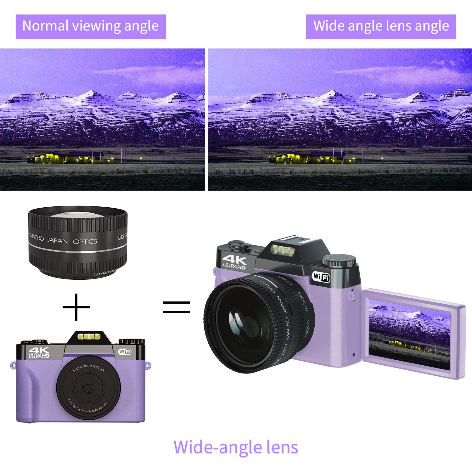 Digital Cameras for Photography, 4K 48MP Vlogging Camera 16X Digital Zoom Manual Focus Rechargeable Students Compact Camera with 52mm Wide-Angle Lens & Macro Lens, 32G Micro Card and 2 Batteries