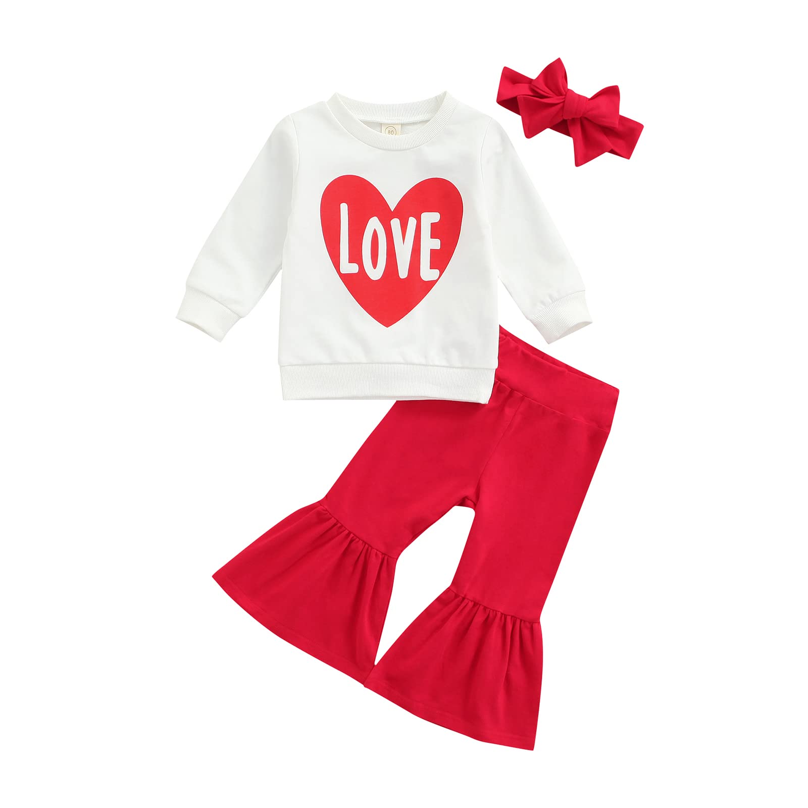Toddler Baby Girl Valentine's Day Clothes Outfit Set 3Pcs Long Sleeve Love Heart Pullover Tops Flare Pants Headband (Love Heart Print,3-4 Years)