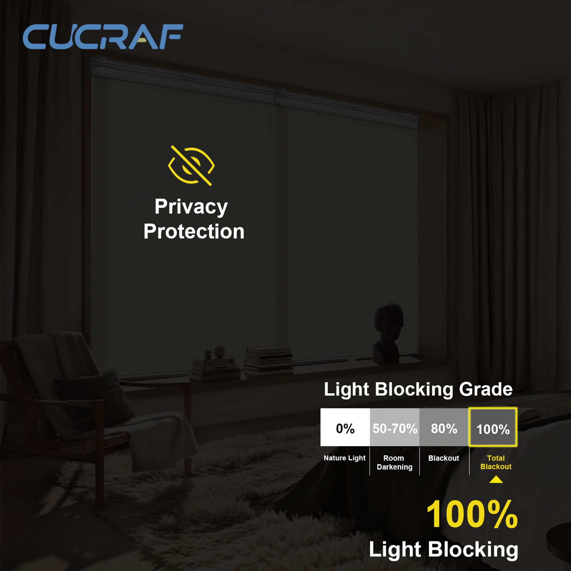 CUCRAF Roller Blinds for Windows Cordless,100% Blackout Blinds Window Shades for Bedroom,Thermal Insulated Window Blinds for Home,Light Blocking,Easy to Install,Light Grey, 35" W x 72" H