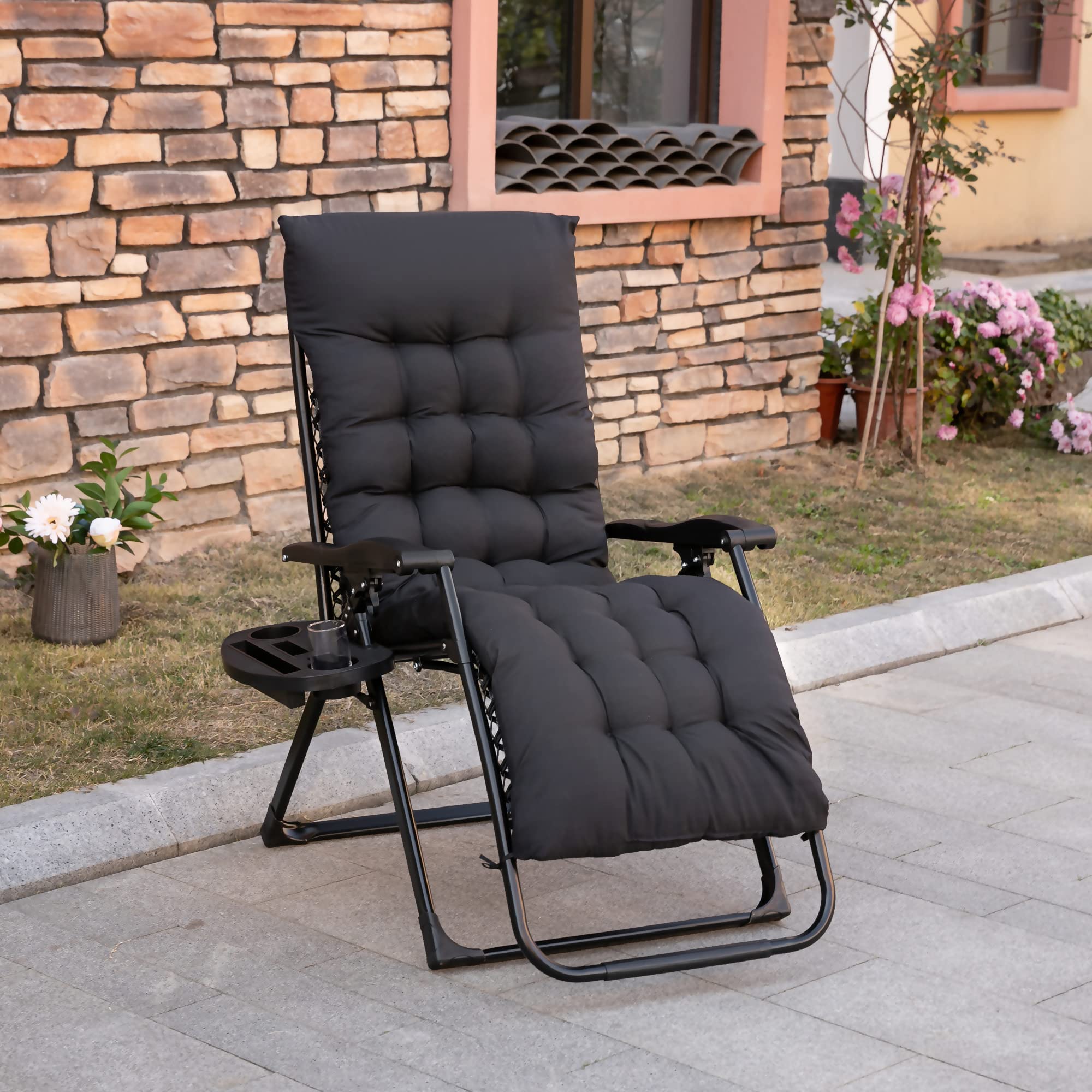 Outsunny Zero Gravity Chair, Folding Reclining Lounge Chair with Padded Cushion, Side Tray for Indoor and Outdoor, Supports up to 264 lbs, Black