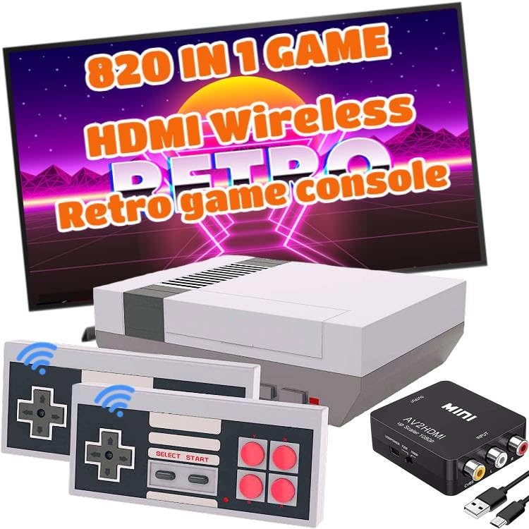 Retro Game Console,Classic Mini Game System Preloaded 820 Video Games and 2 Wireless Controllers,AV and HDMI Retro Toys Gifts for Kids and Adults.